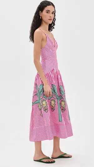 Farm Rio Palm Tree Cutwork Stripes Midi Dress