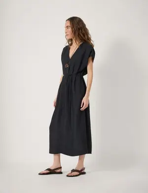 HUSH Remy Pleated Linen Blend Midi Dress - Black
