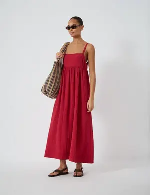 HUSH Nami Crinkle Gathered Maxi Dress Ruby Red