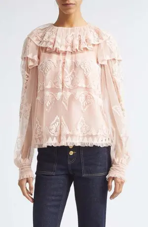 Sheer Floral Embroidered Long Sleeve Tops