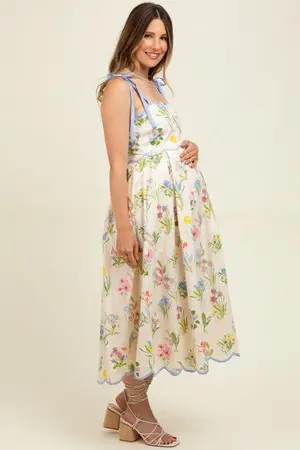 PINKBLUSH Floral Shoulder Tie Midi Dress With Scallop Trim