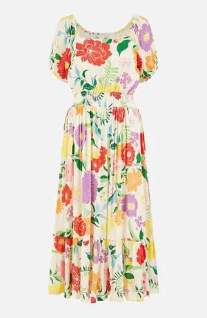 YUMI Short Sleeve Square Neck Midi Dress