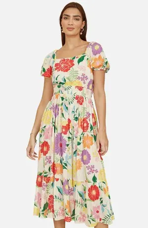 YUMI Short Sleeve Square Neck Midi Dress