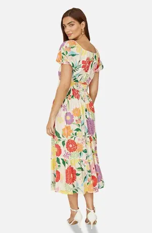 YUMI Short Sleeve Square Neck Midi Dress