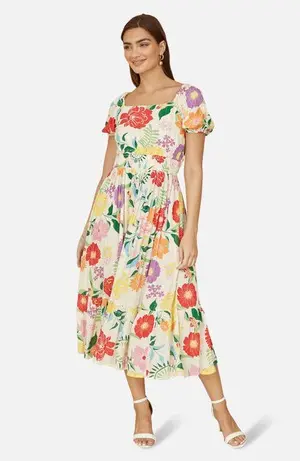 YUMI Short Sleeve Square Neck Floral Midi Dress - Multi