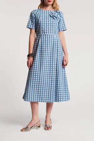 FRANCES VALENTINE Michelle Midi Dress In Gingham - Blue/white