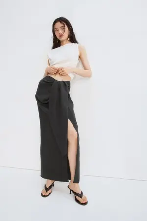H&m Maxi Skirt With Knot Detail And Front Slit - Dark Gray
