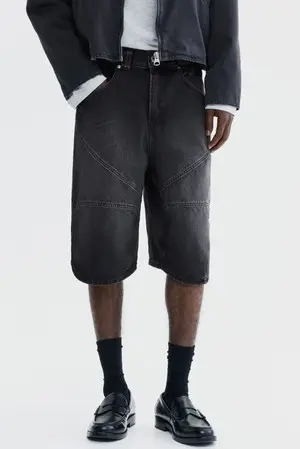 H&m Super Baggy Knee Length Denim Shorts - Black