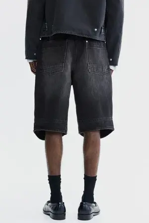 H&m Super Baggy Knee Length Denim Shorts - Black