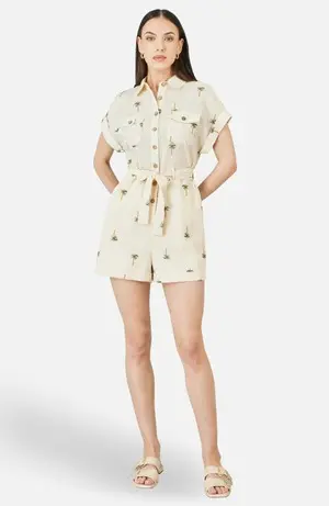 YUMI Embroidered Palm Print Cotton Playsuit - Beige