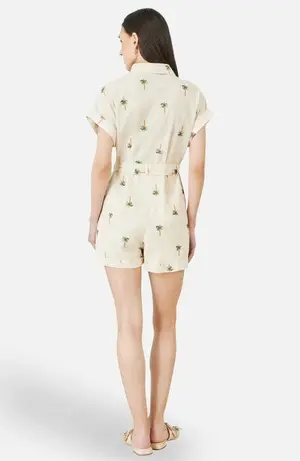 YUMI Embroidered Palm Print Cotton Playsuit - Beige