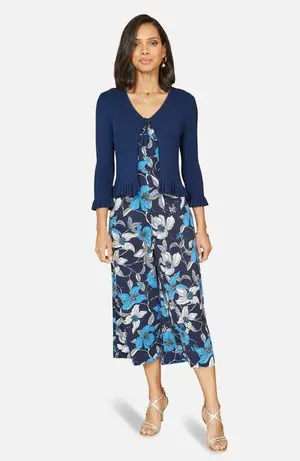 YUMI Ribbed Tie-up Cardigan With Frill Hem And Cuffs