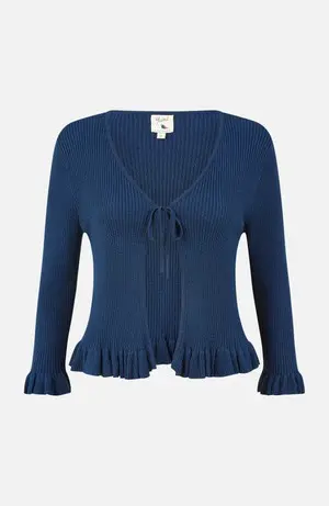 YUMI Ribbed Tie-up Cardigan With Frill Hem And Cuffs - Navy