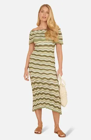 YUMI Stripe Crochet Knit Bardot Midi Dress - Green