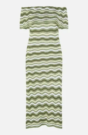 YUMI Stripe Crochet Knit Bardot Midi Dress