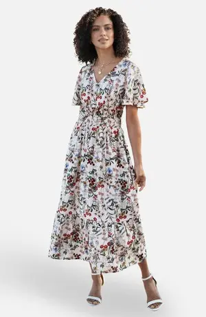 YUMI Botanical Print V-neck Midi Dress - Ivory
