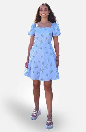 YUMI Cotton Floral Puff Sleeve Skater Dress - Blue