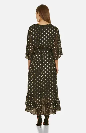 YUMI Foil Print Wrap Over Dress - Black