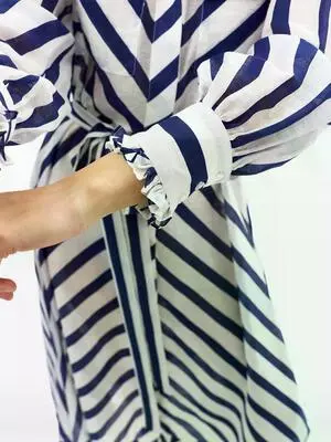 ASTON STUDIO Yasmine Striped Ruffled-cuff Midi Dress