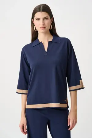 Joseph Ribkoff Sweater Knit Color Block Top - Indigo/camel