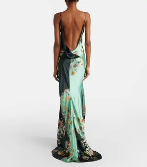 Roberto Cavalli Floral Silk Satin Maxi Dress