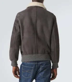 Brunello Cucinelli Suede Shearling Trimmed Blouson Jacket - Grey