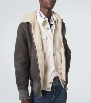 Brunello Cucinelli Suede Shearling Trimmed Blouson Jacket - Grey