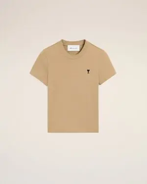 AMI Paris Cotton T-shirt With De Coeur Embroidery - Mastic Beige/black
