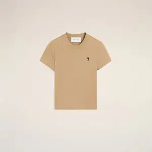AMI Paris Cotton T-shirt With De Coeur Embroidery - Mastic Beige/black