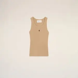 AMI Paris Cotton Tank Top With De Coeur Embroidery - Mastic Beige/black