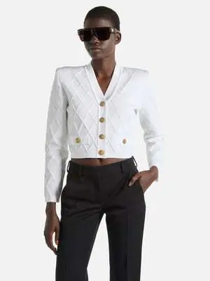 Balmain Cropped Knit Cardigan With Quilted Effect And Metal Buttons