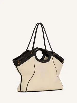 Balmain Large Tote In Smooth Leather And Canvas - Beige