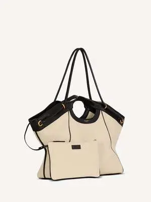 Balmain Large Tote In Smooth Leather And Canvas - Beige