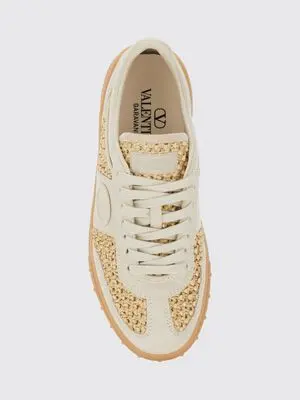 Valentino Garavani Upvillage Low-top Sneakers In Raffia And Leather With Vlogo - Butter
