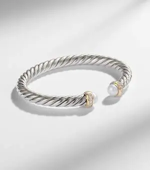 David Yurman Cable Flex Sterling And 14k Yellow Gold Cuff Bracelet With Diamonds And Pearls