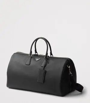 Prada Saffiano Leather Travel Bag With Top Handles And Detachable Shoulder Strap - Black