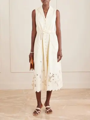 Saloni Kirat Belted Scalloped Embroidered Poplin Midi Dress - Neutrals