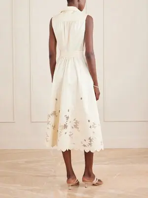Saloni Kirat Belted Scalloped Embroidered Poplin Midi Dress - Neutrals