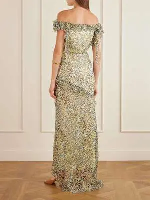 Saloni Nina Off-the-shoulder Ruffled Printed Silk Gown - Leopard Print