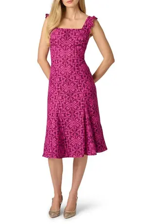 Adrianna Papell Floral Geometric Lace Midi Dress - Berry Multi