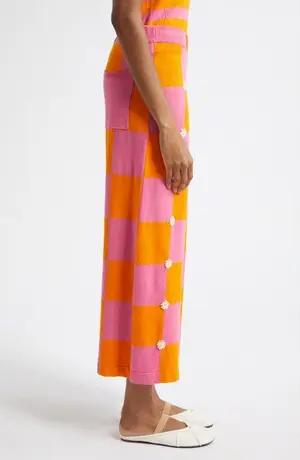 YANYAN Daisy Intarsia Check Linen Blend Wide Leg Pants
