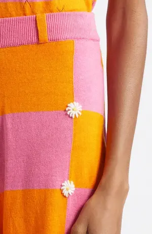 YANYAN Daisy Intarsia Check Linen Blend Wide Leg Pants
