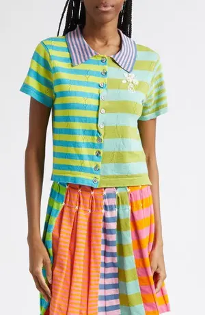 YANYAN Daisy Stripe Linen Blend Y-pointelle Cardigan - Lime Multi