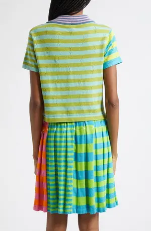 YANYAN Daisy Embroidered Stripe Pointelle Cardigan