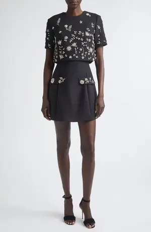 Oscar De La Renta Embellished Crystal Flowers Stretch Wool Cocktail Dress - Black