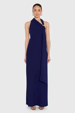 Amanda Uprichard Sonya Maxi Dress With Gold-cuffed Neck Tie - Navy