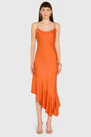 Amanda Uprichard Eros Midi Dress With Asymmetrical Hem And Beaded Straps