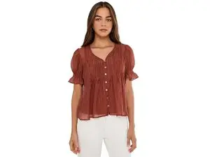 Vince Camuto Pintucked Puff Sleeve V-neck Top - Brown