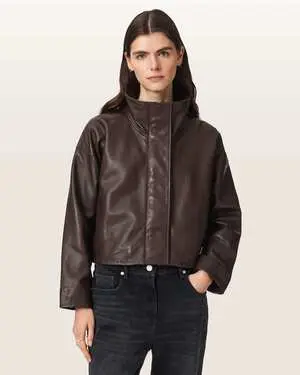 ALLSAINTS Ryder Funnel Neck Leather Jacket - Red