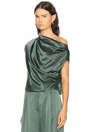 THE SEI Asymmetrical Draped Satin Top - Thyme